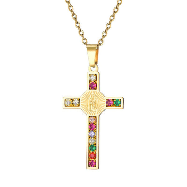 Virgin Mary Cross Pendant in Stainless Steel & Zircon – God Is Above